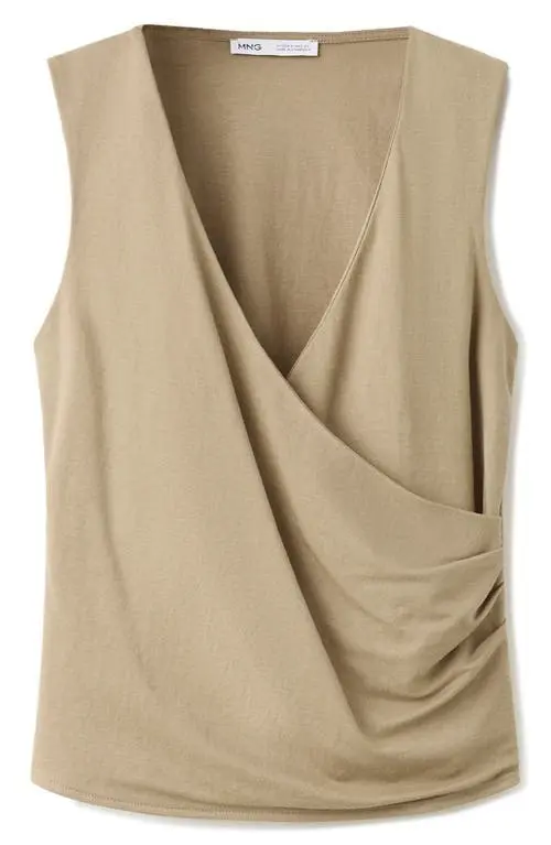 Mango Ruched Faux Wrap Sleeveless Top - Medium Brown