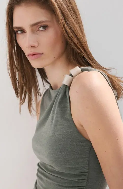 Mango Asymmetrical Bead Strap Ruched Knit Top