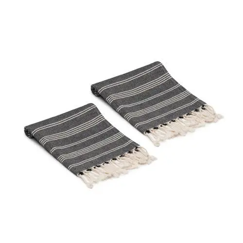 OLIVIERA HOME Essential Stripe Turkish Cotton Hand Towelsset Of 2 - Black