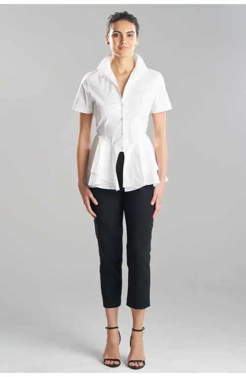 Natori Cotton Poplin Tiered Hem Short Sleeve Shirt - White