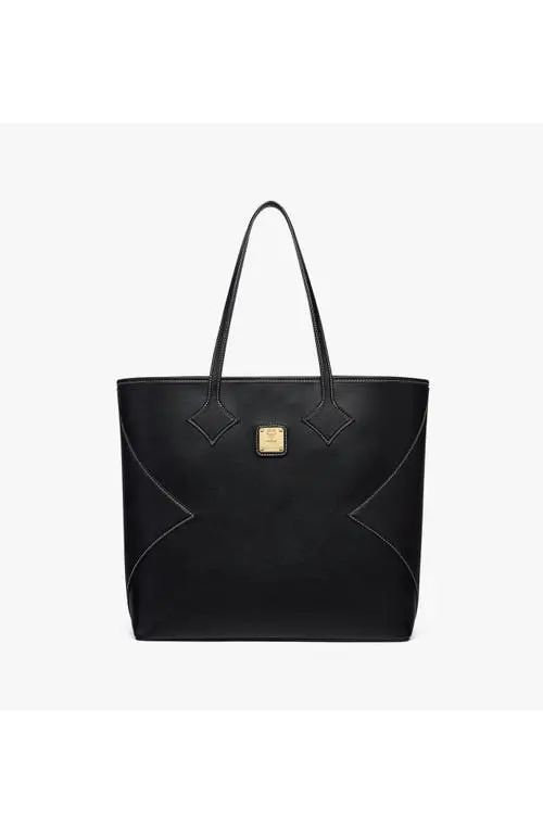 Mcm Large Shopper In Calfskin Leather With Bavarian Diamond Print Lining - Black