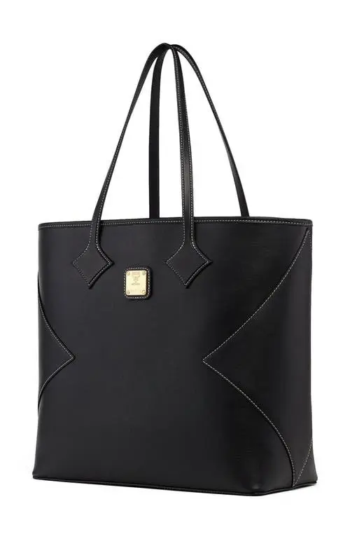 Mcm Large Shopper In Calfskin Leather With Bavarian Diamond Print Lining