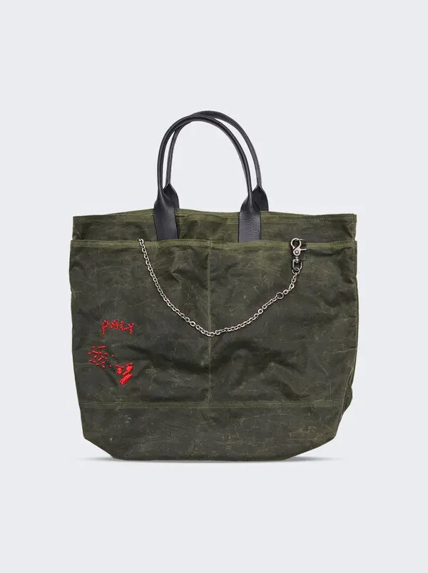 PALY Waxed Canvas Tote Bag With Leather Handles And Embroidered Detail - Green