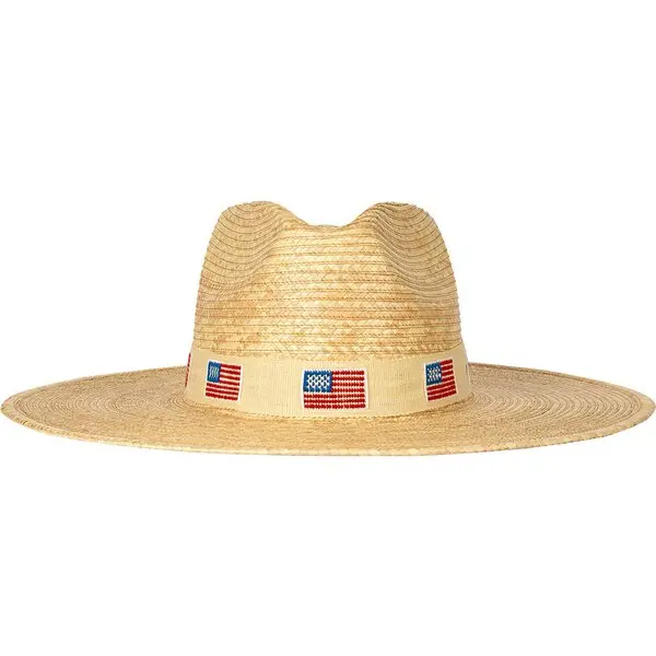 SUNSHINE TIENDA Straw Sun Hat With American Flag Detail - Light Beige