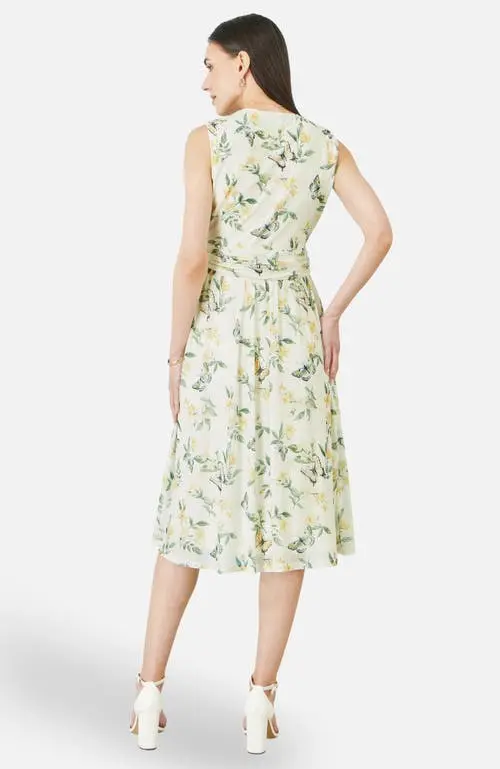 YUMI Floral Print Mesh Stretch Midi Dress - Ivory