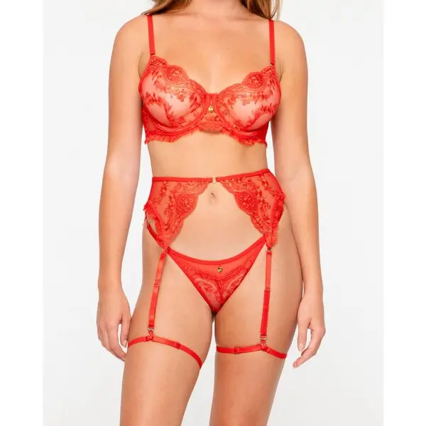 One Empire Katya Intricate Lace Three-piece Lingerie Set - Red