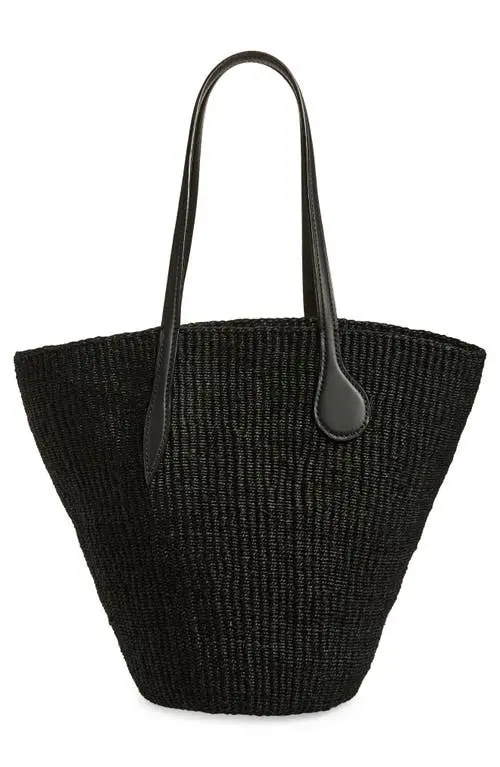 LIFFNER Straw Basket Tote With Geometric Leather Handles