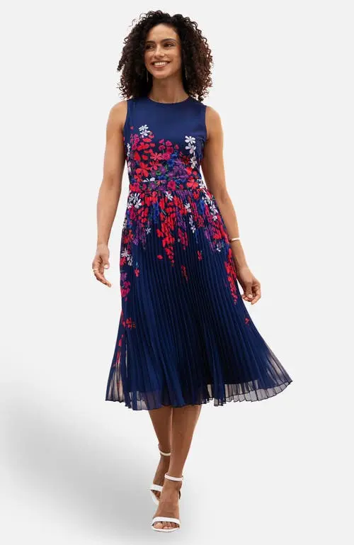 YUMI Printed Pleated Midi Dress - Navy