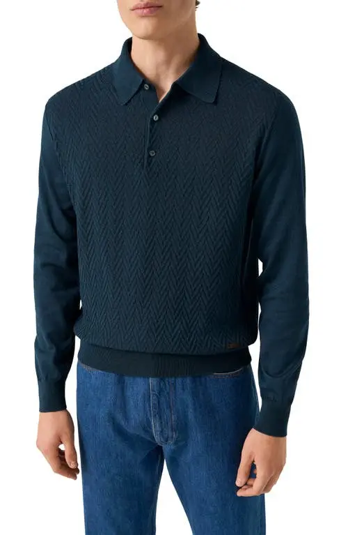 Eton Chevron Structure Long Sleeve Polo - Medium Blue