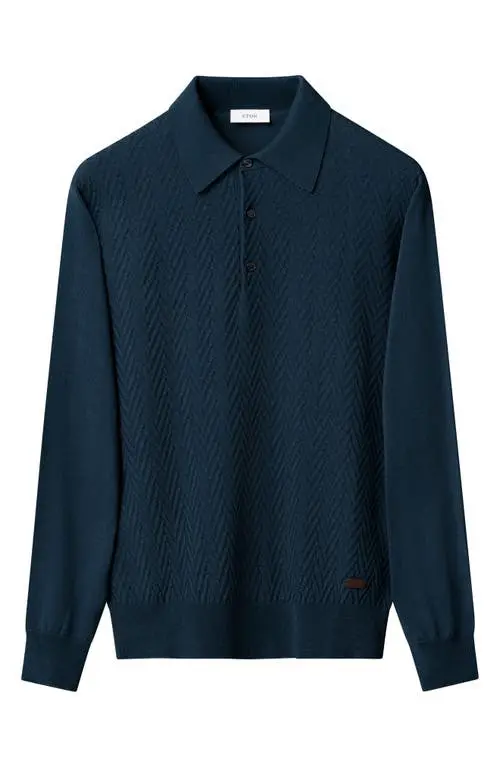 Eton Chevron Structure Long Sleeve Polo - Medium Blue