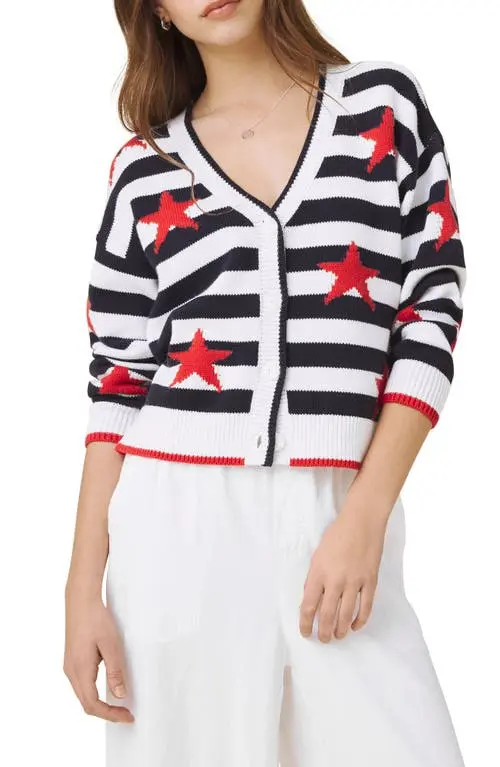 Splendid Liberty Stripe Star Intarsia V-neck Cardigan - White/navy Blue/multi