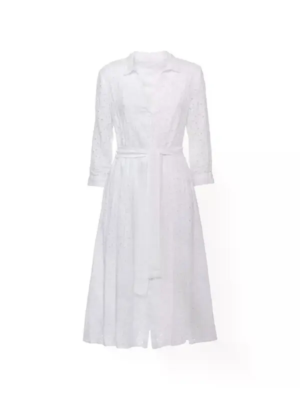 120% Lino Broderie Anglaise Belted Dress - White