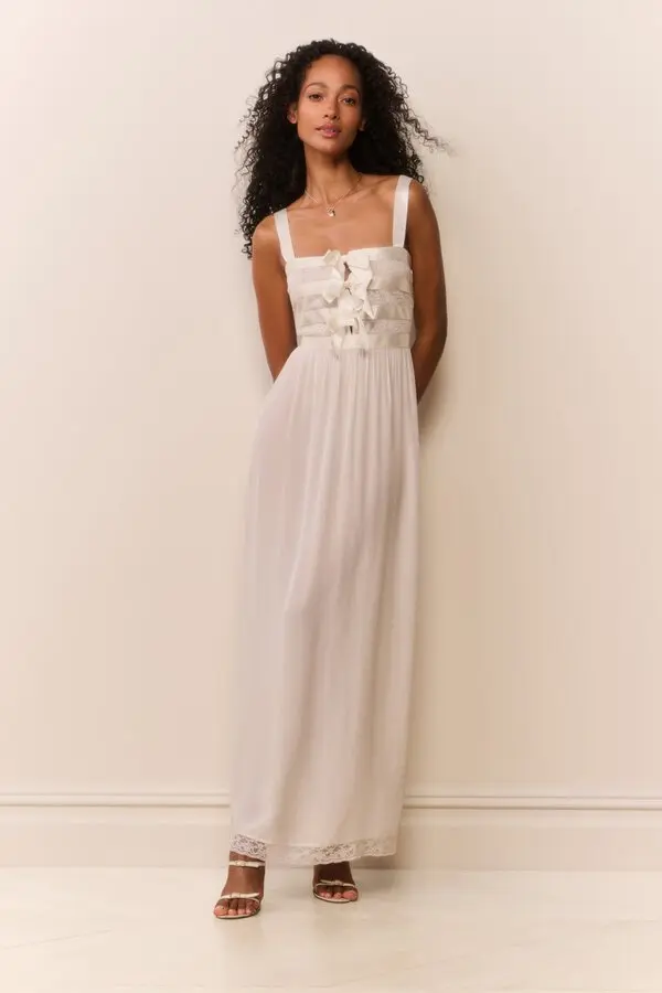LoveShackFancy Lovelace Banded Bow Sheer Maxi Dress - Cream