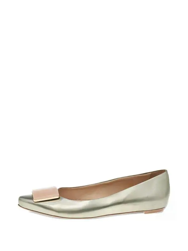 TOD'S Leather Pointed Toe Buckle Detail Ballet Flats - Silver