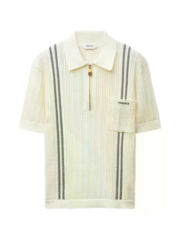 Versace Embroidered-logo Cotton Knit Polo Shirt - Neutrals
