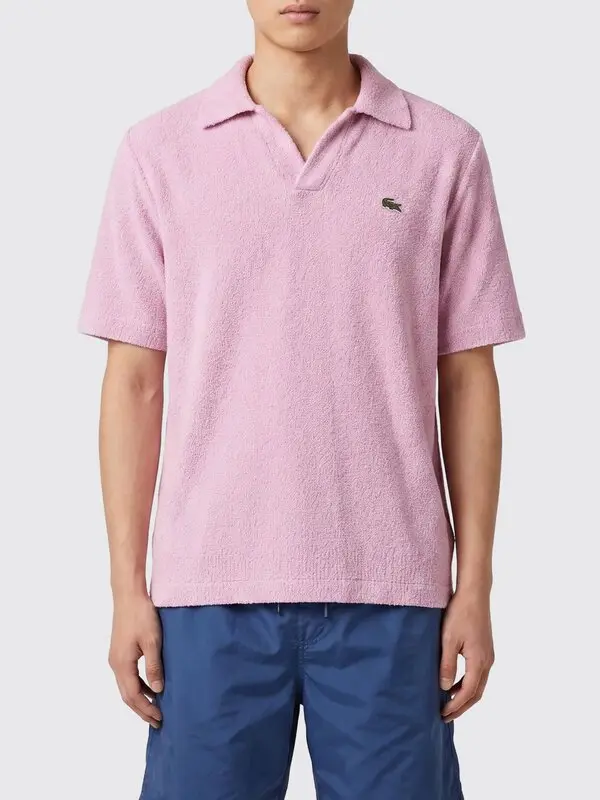 Lacoste V-neck Cotton-blend Knit Polo Shirt With Contrast Logo Patch - Pink