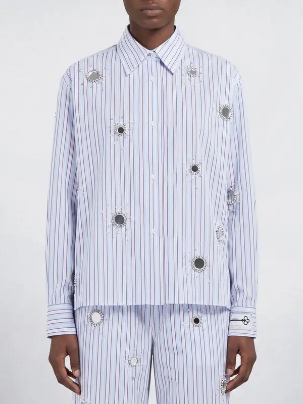 DES_PHEMMES Striped Cotton Shirt With Jewel Embellishments - Blue