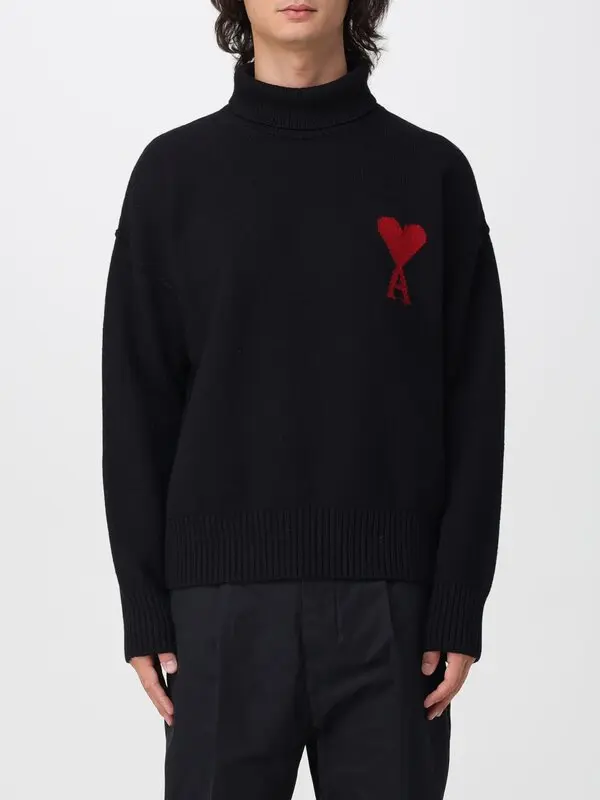AMI Paris Wool Turtleneck Jumper With Jacquard Logo And Dropped Shoulders - Black