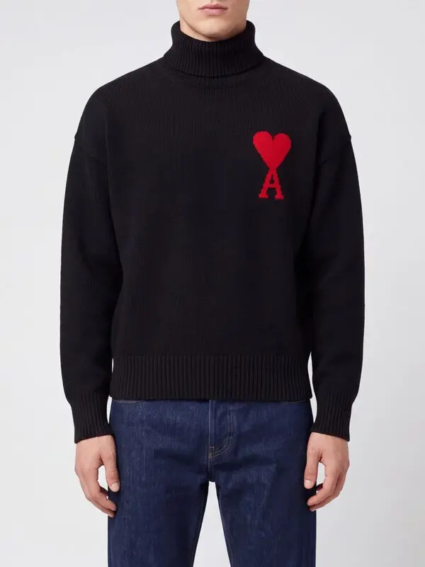 AMI Paris Embroidered Heart Turtleneck Sweater - Black