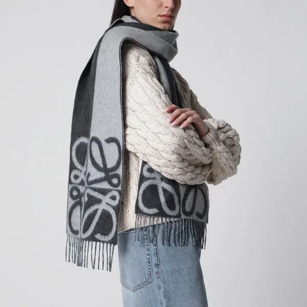 Loewe Bicolour Anagram Jacquard Wool-cashmere Scarf - Grey