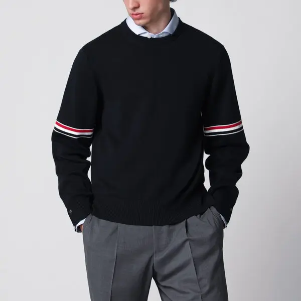 Thom Browne Navy Cotton Sweater With Tricolor Accents
