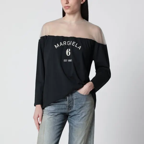 MAISON MARGIELA Cotton Jersey Top With Sheer Insert And Logo Print