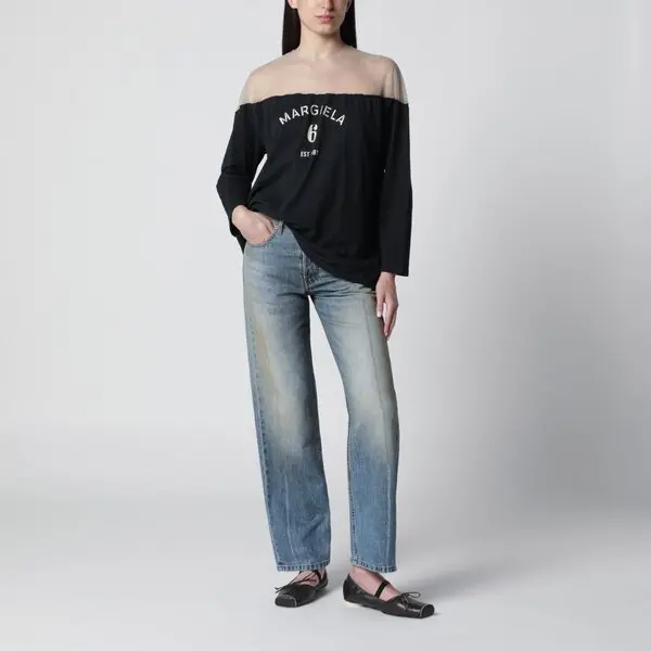 MAISON MARGIELA Cotton Jersey Top With Sheer Insert And Logo Print