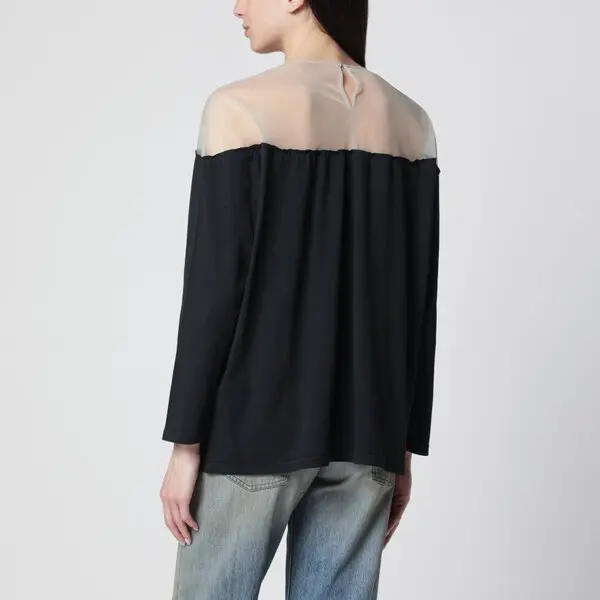 MAISON MARGIELA Cotton Jersey Top With Sheer Insert And Logo Print