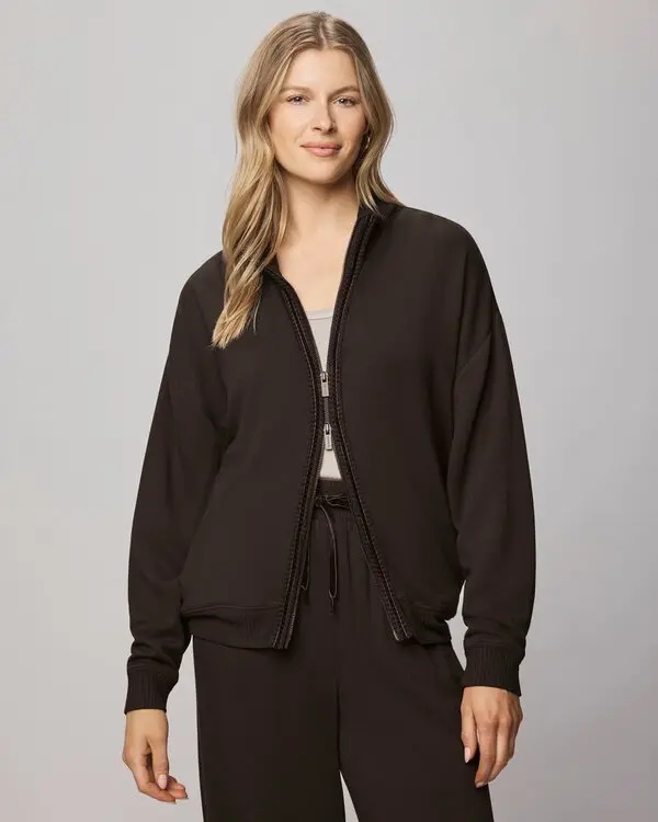 Splendid Supersoft Zip-up Sweater With Trim - Black