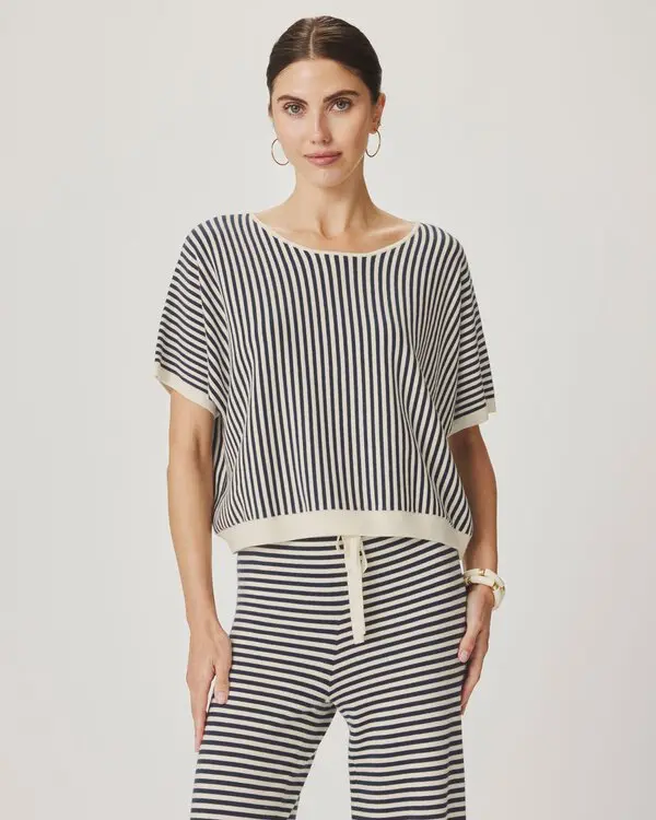 Splendid Christa Striped Short Sleeve Sweater - Shell/mood Indigo