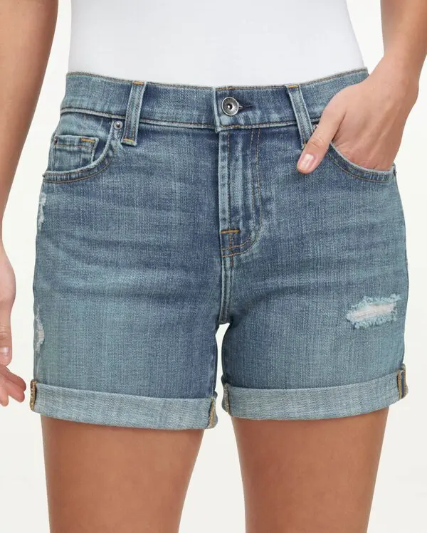Splendid Mid-rise Relaxed Cuff Denim Shorts With Distressed Details - Light Twill