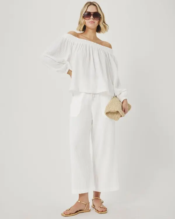 Splendid Ava Gauze Wide Leg Cropped Pants - Light Wicker