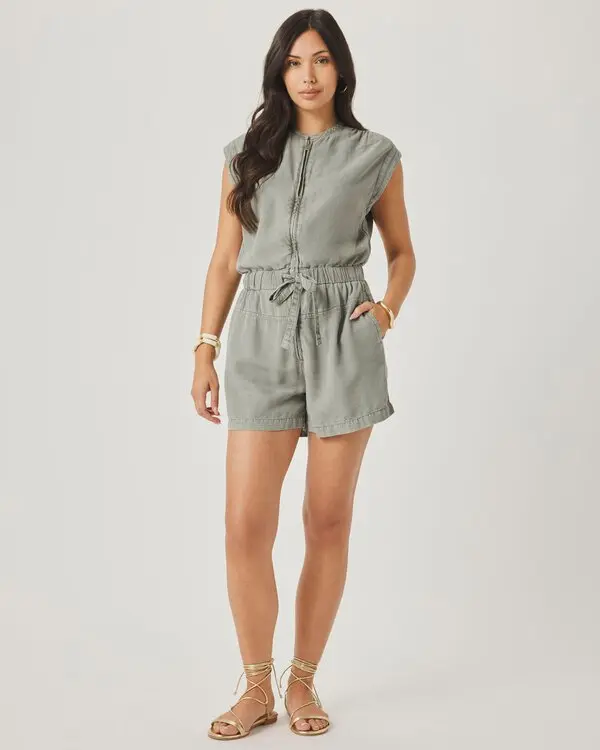 Splendid Rosalie Romper With Drawstring Waist And Zip Front - Eucalyptus