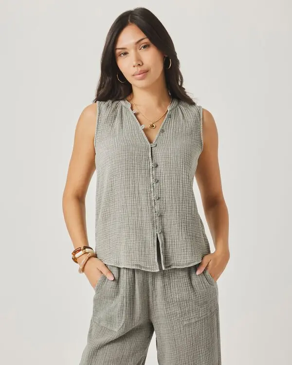 Splendid Ava Gauze Button Tank - Light Wicker