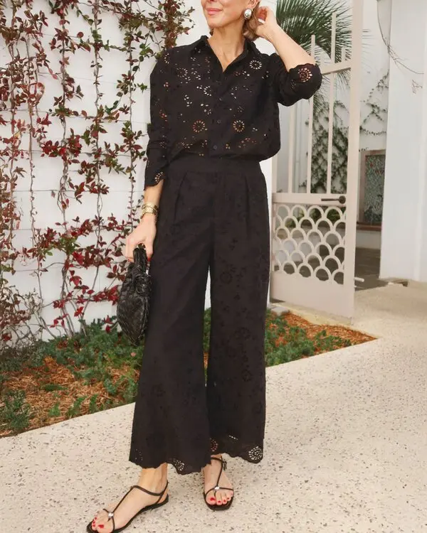 Splendid X @cellajaneblog Eyelet Wide Leg Cropped Trousers - Black