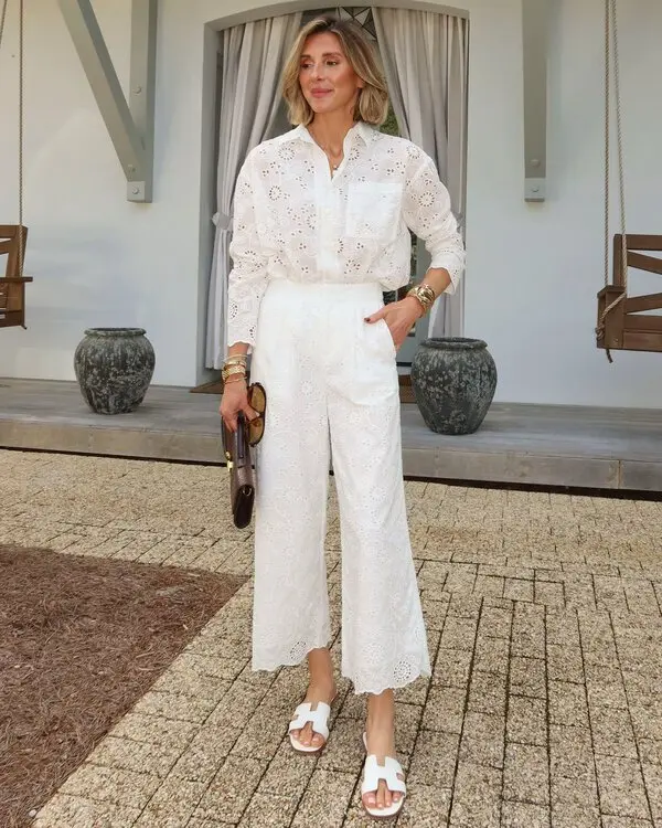 Splendid X @cellajaneblog Eyelet Cropped Wide Leg Trousers - White