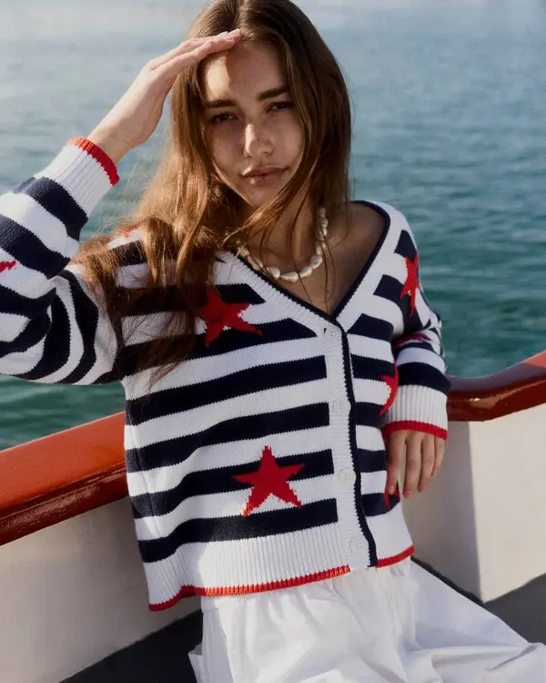 Splendid Striped Star Cardigan - White/navy/firework