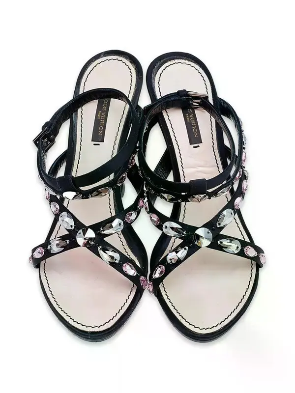 LOUIS VUITTON Satin Crystal Embellished Ankle Strap Sandals