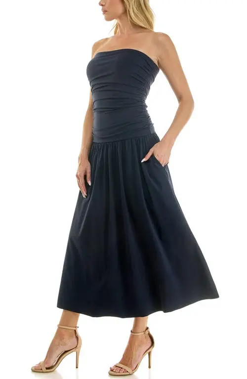 SOCIALITE Ruched Bodice Strapless Maxi Dress With Pockets - Navy