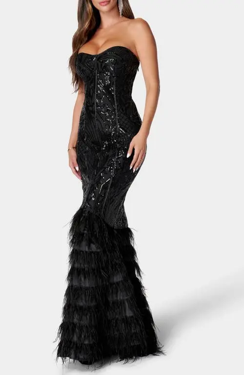 Bebe Sequin Feather Trim Strapless Gown