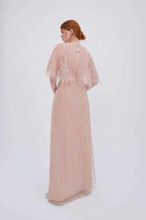 RAISHMA Adira Embellished Feather Cape Gown