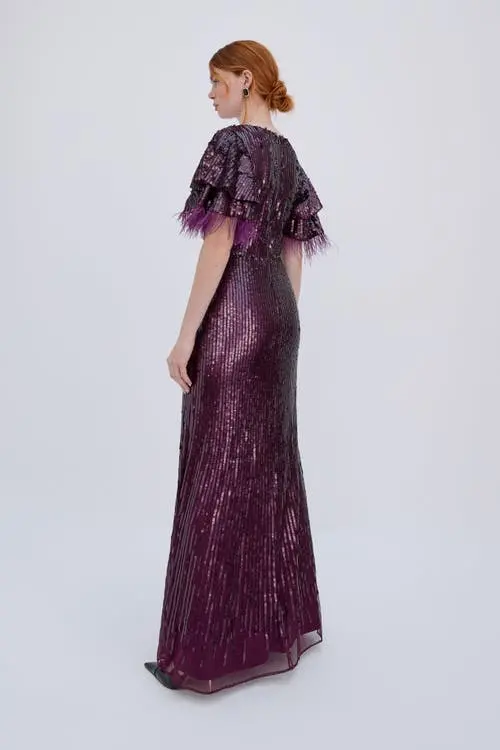 RAISHMA Sequined Gown With Feathered Sleeves