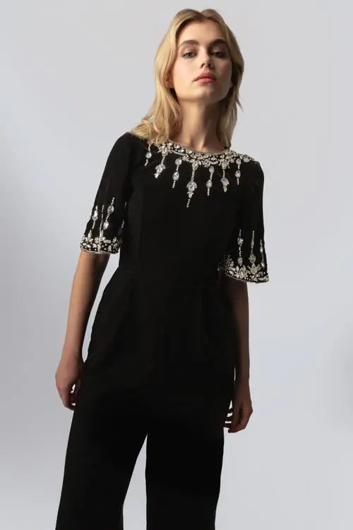 RAISHMA Luna Embellished Velvet Jumpsuit