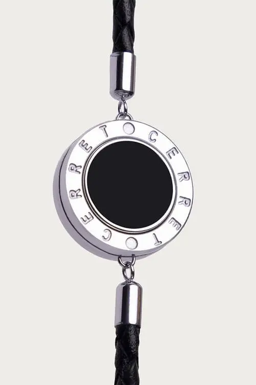 CERRET 925 Plated Leather Safety Bracelet With Black Enamel - Silver