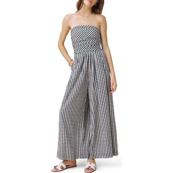 Splendid Gigi Gingham Strapless Wide Leg Jumpsuit - Navy Blue/white