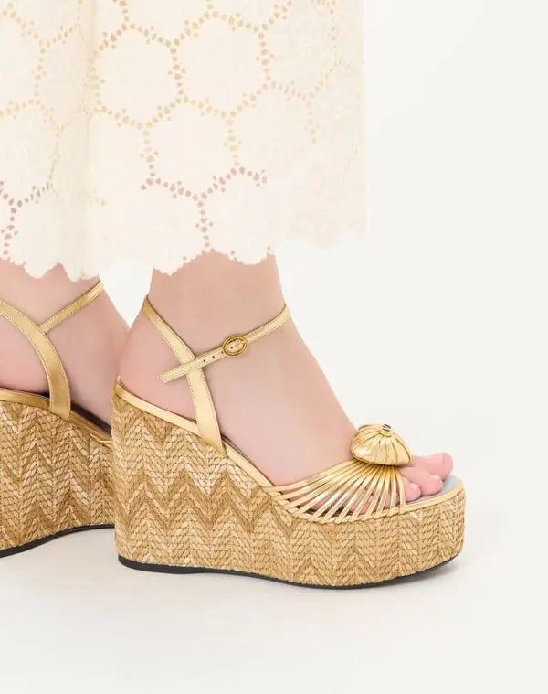 Valentino Garavani Laminated Nappa Wedge Sandal - Natural
