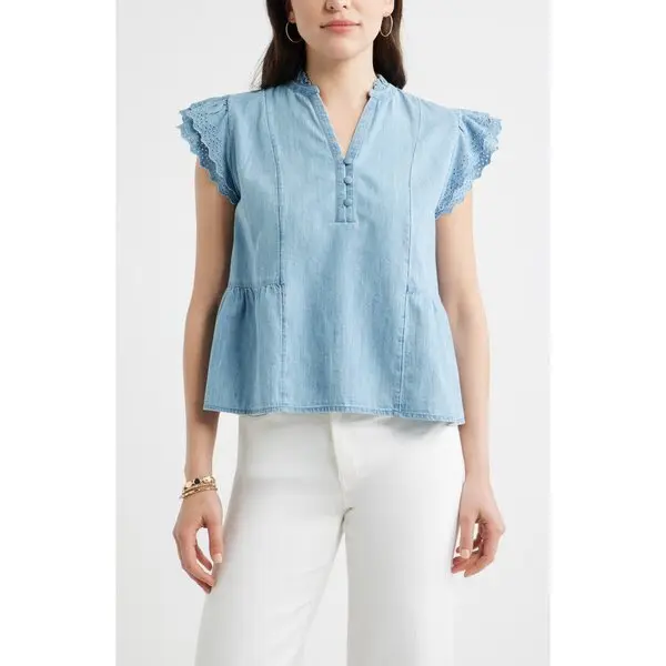 Caslon Ruffle Eyelet Chambray Top