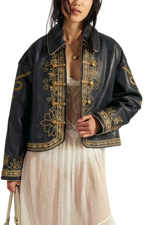 Free People Lana Embroidered Leather Jacket - Black