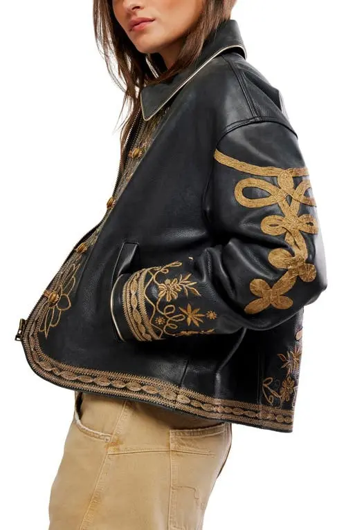 Free People Lana Embroidered Leather Jacket