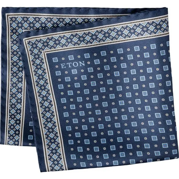 Eton Geometric Print Silk Twill Pocket Square - Navy